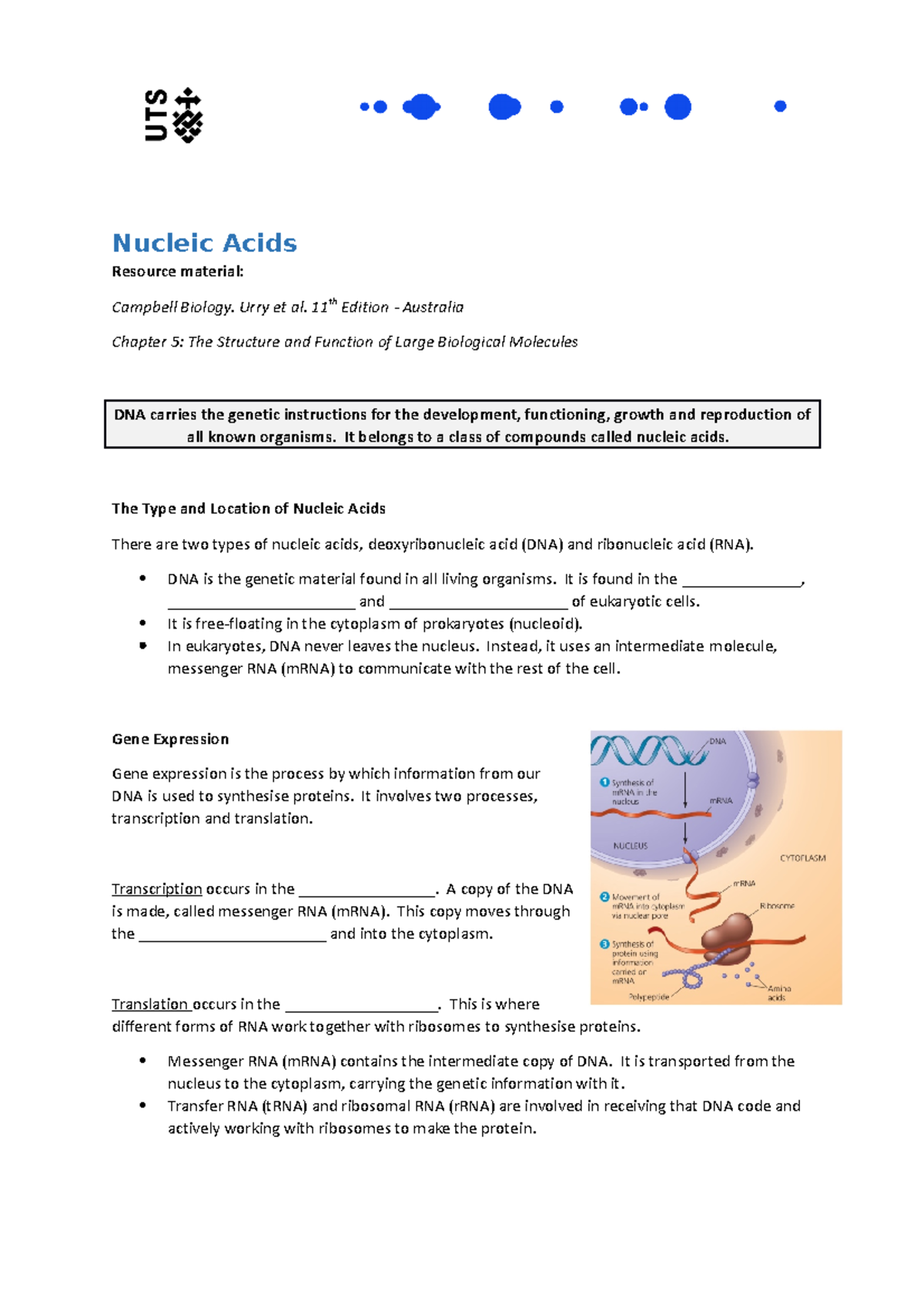 CBG at UTS - Nucleic Acids Module (Student Copy)-1 - 091161 - Studocu
