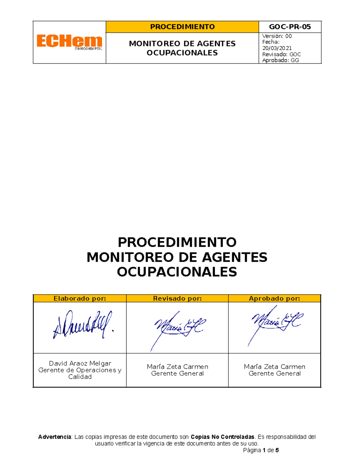 GOC-PR-05 Monitoreo Agentes Ocupacional - MONITOREO DE AGENTES ...