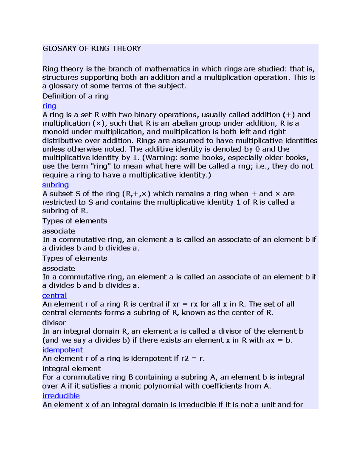 THE Glosary OF RING Theory - GLOSARY OF RING THEORY Ring theory is the ...