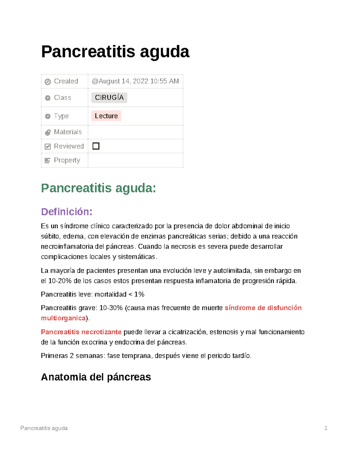 Pancreatitis aguda - Pancreatitis aguda Created Class CIRUGÍA Type ...