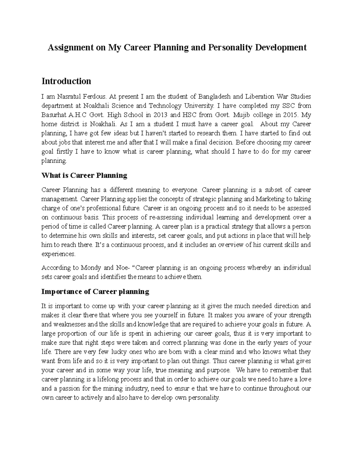Assignment on My Career Planning and Per - At present I am the student ...