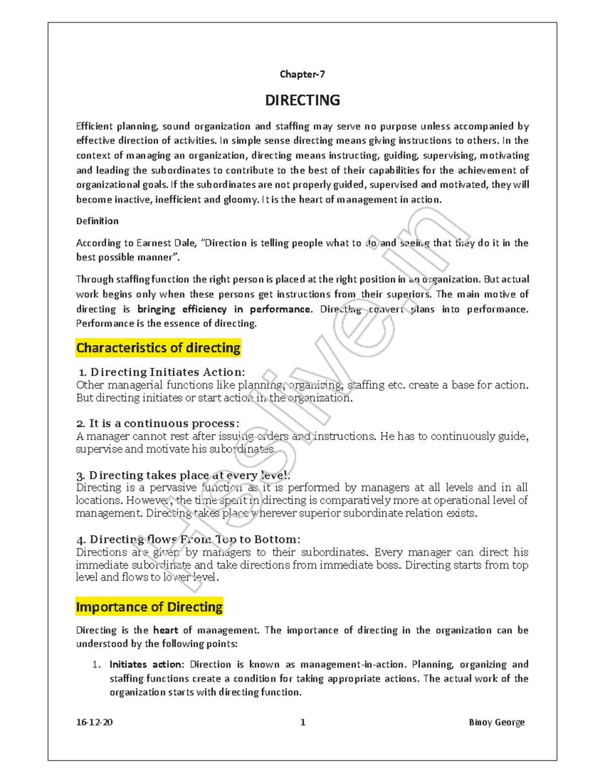 Directing-One of the function of management to coordinate the ...