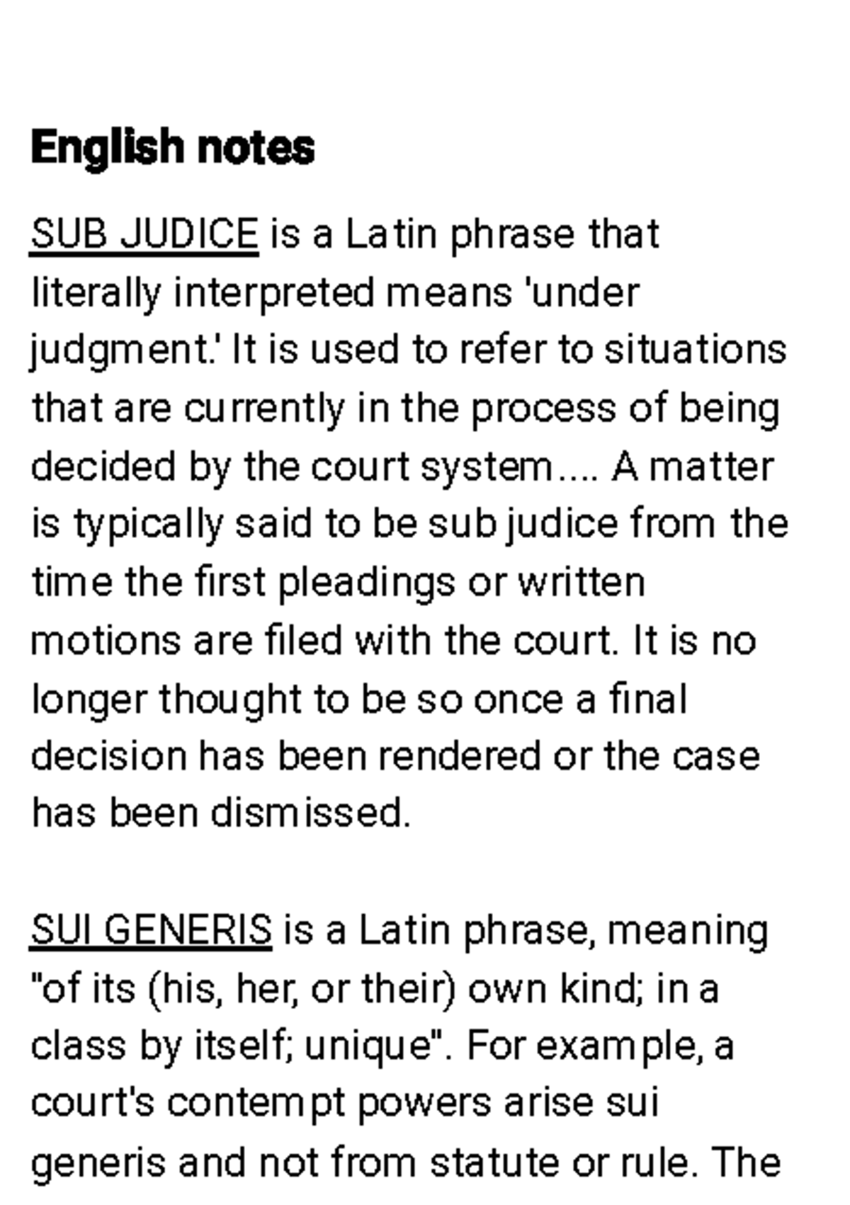 English notes - English notes SUB JUDICE is a Latin phrase that ...