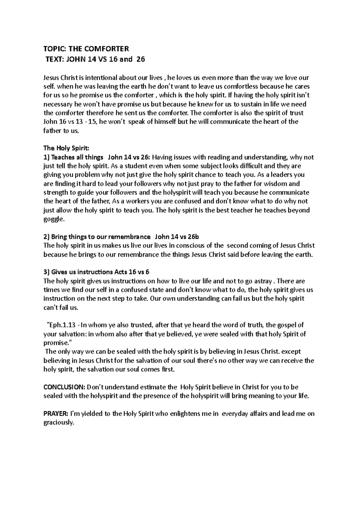 Document coursework for physics - TOPIC: THE COMFORTER TEXT: JOHN 14 VS ...