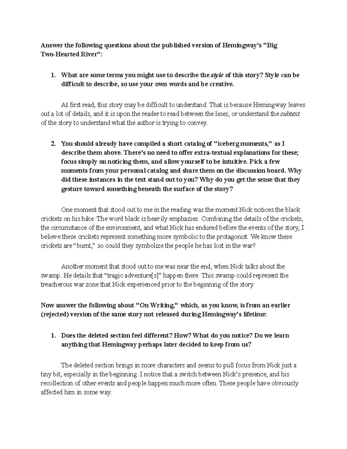 Unit 4 Short Fiction Style - Answer the following questions about the ...