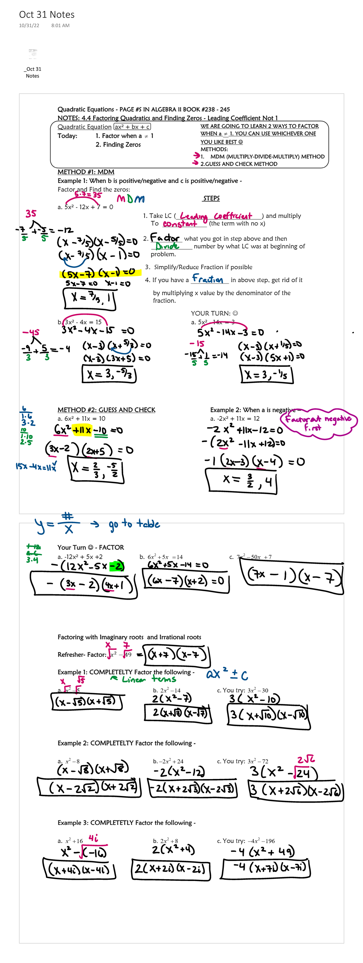 Oct 31 Notes - Algebra - _Oct 31 Notes Oct 31 Notes 10/31/22 8:01 AM ...