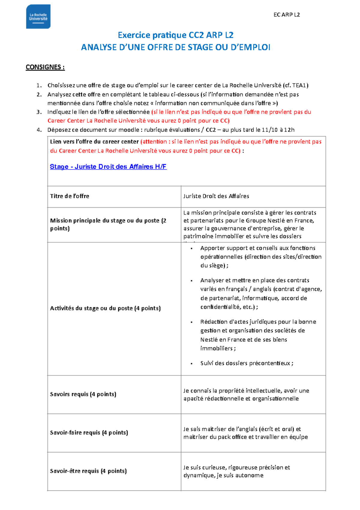 Sujet CC2 exercice pratique - EC ARP L Exercice pra*que CC2 ARP L ANALYSE D’UNE OFFRE DE STAGE ...