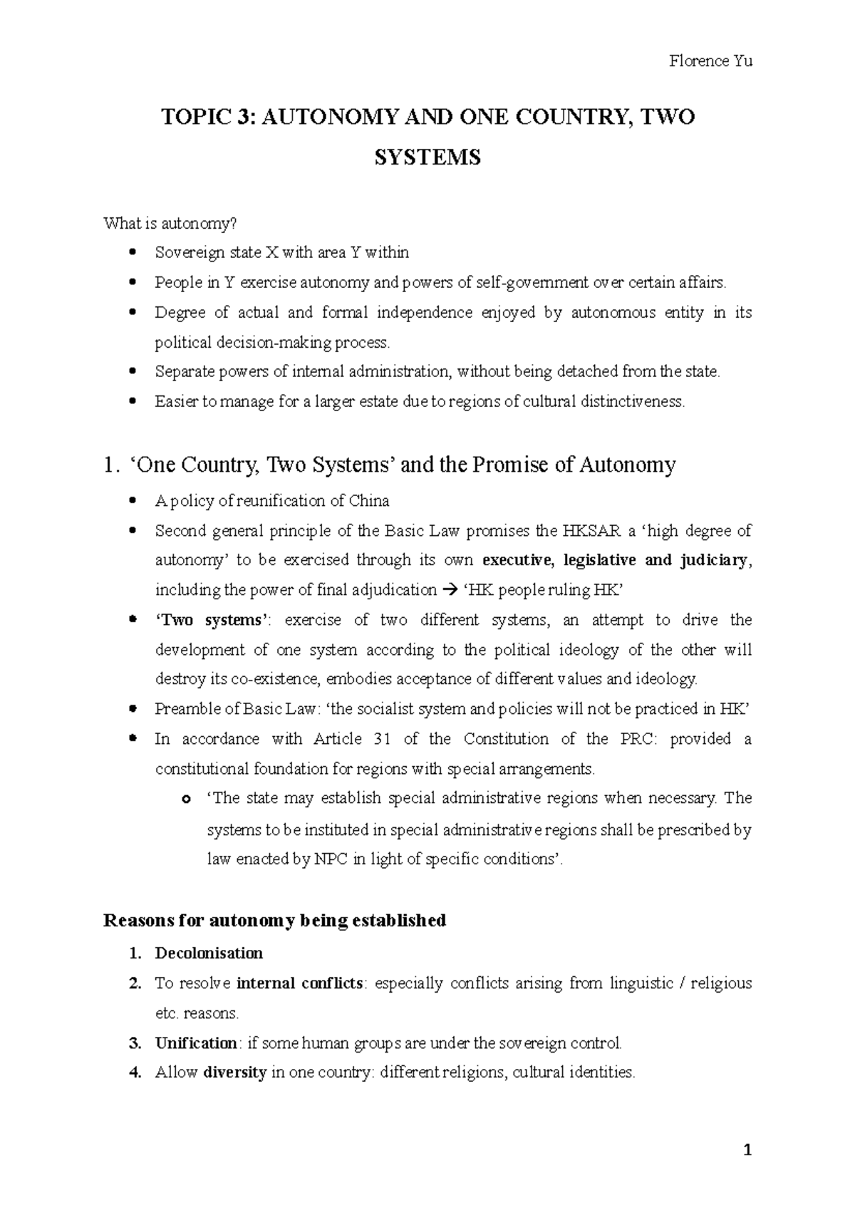 T3 One Country, Two Systems - Florence Yu TOPIC 3: AUTONOMY AND ONE ...