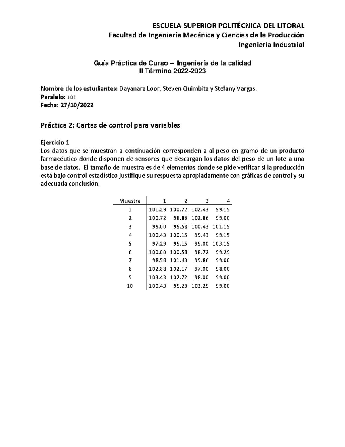 Practica 02 - Cartas de control para variables Grupo 3 - Facultad de Ingeniería Mecánica y ...