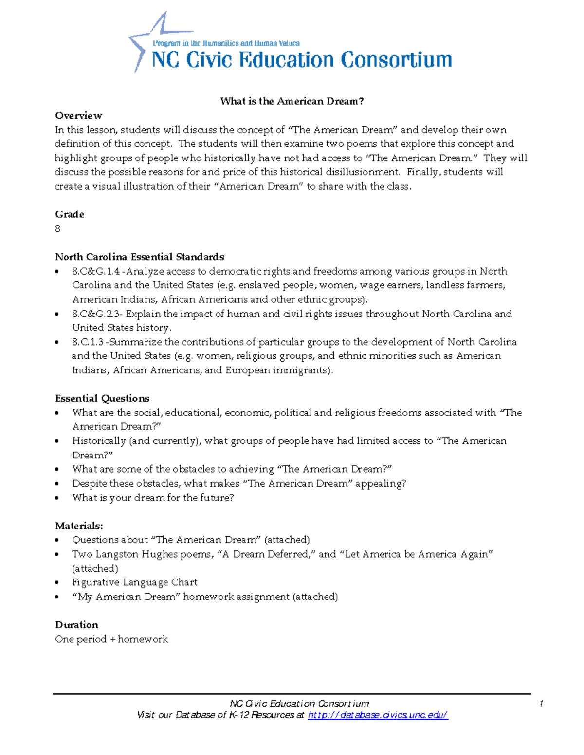 American Dream - Good - NC Civic Education Consortium 1 What is the ...