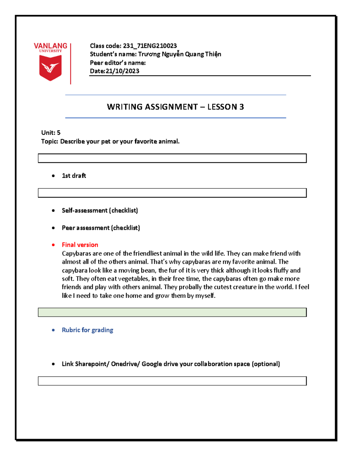 Writing assignment - Class code: 231_71ENG Student’s name: Trương ...