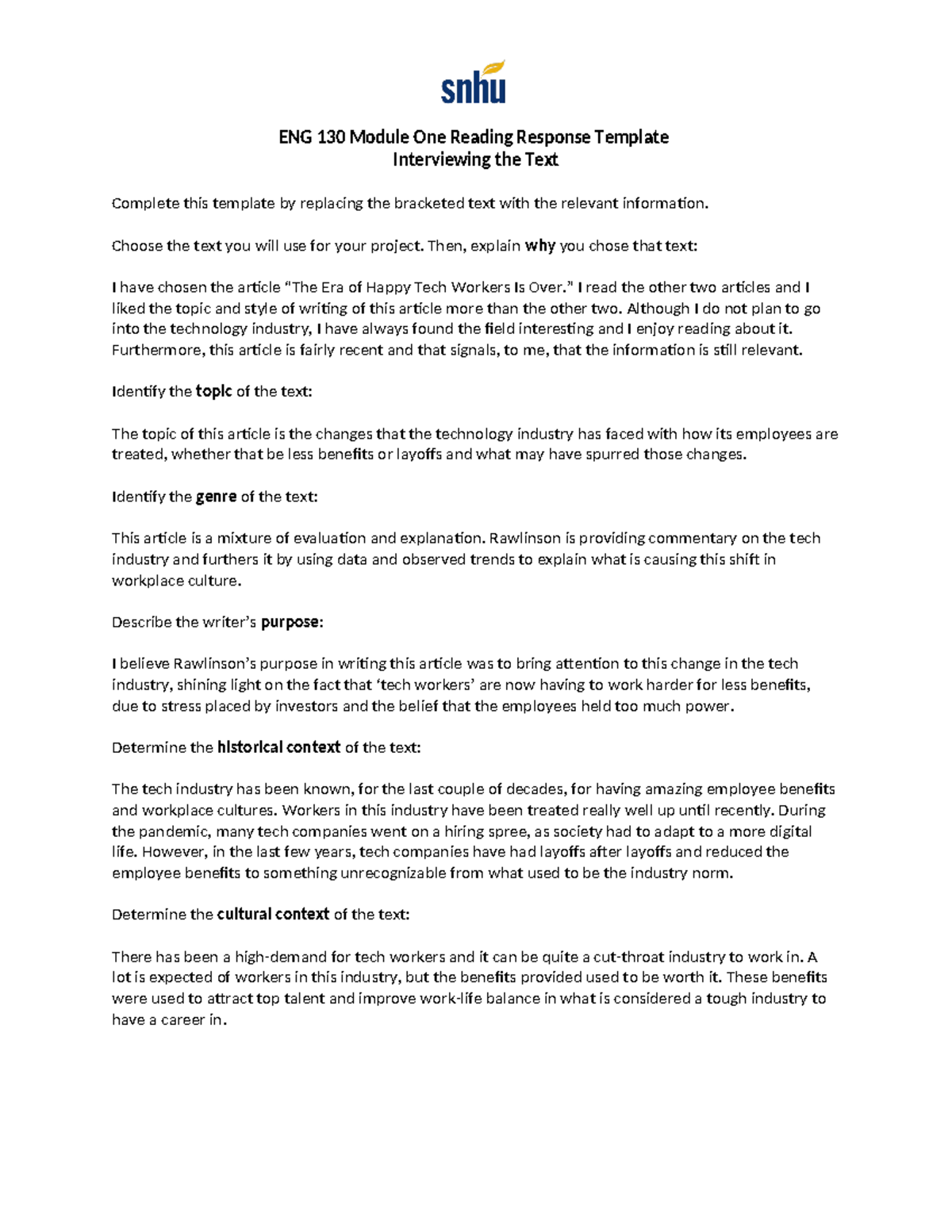 ENG 130 Module One Reading Response - Choose the text you will use for ...