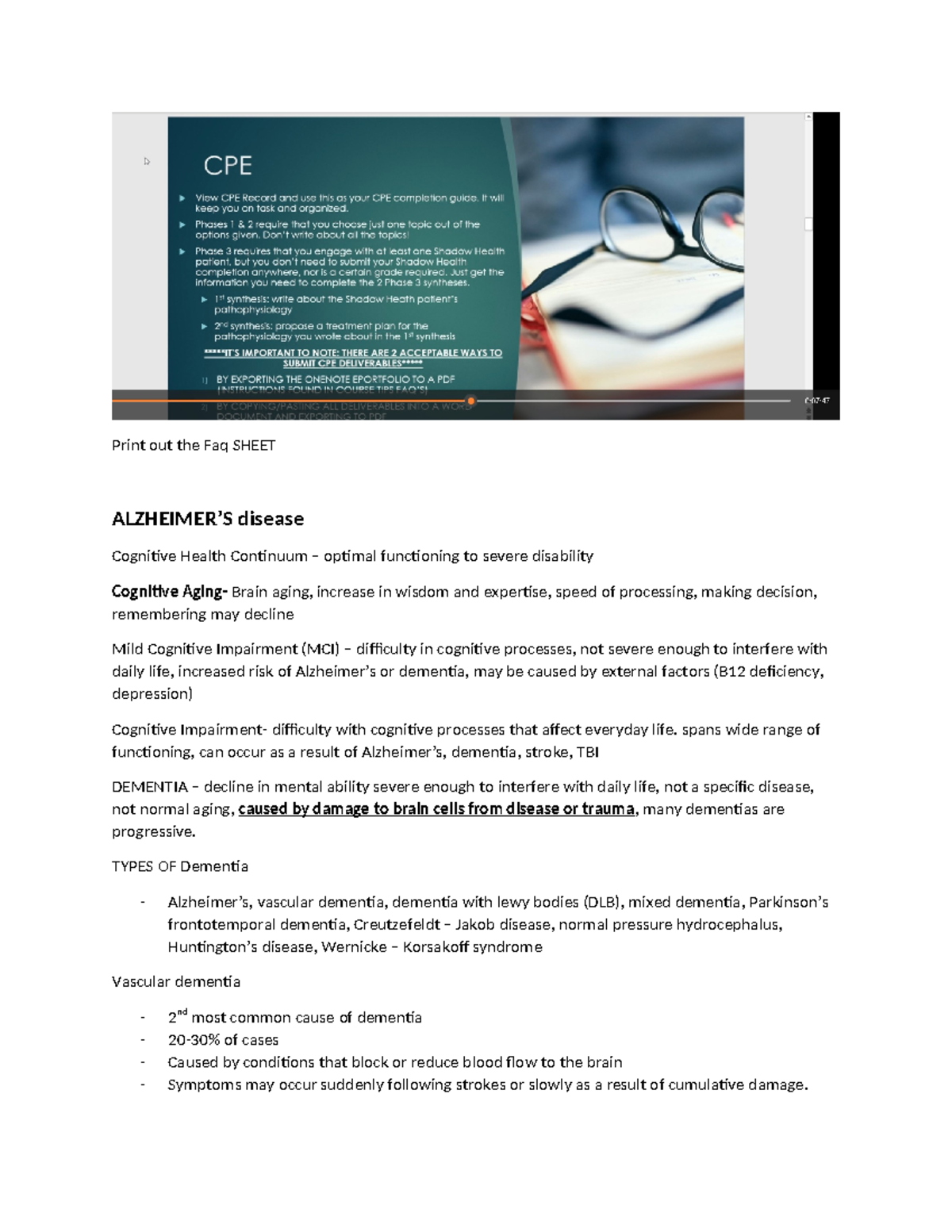 Patho Lectures Notes - Print out the Faq SHEET ALZHEIMER’S disease ...