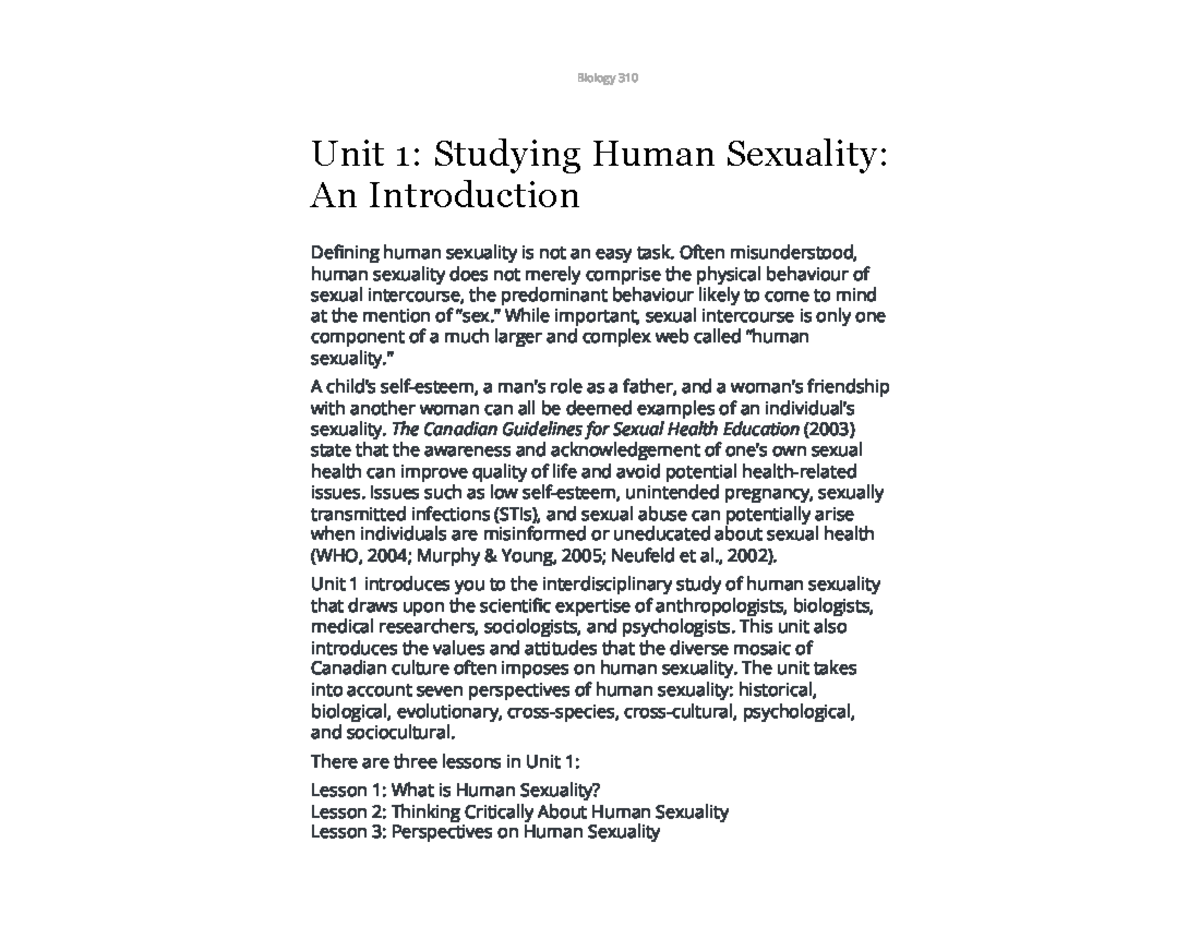 BIOL 310 C4 - Study Guide Unit 1 - Unit 1: Studying Human Sexuality: An ...