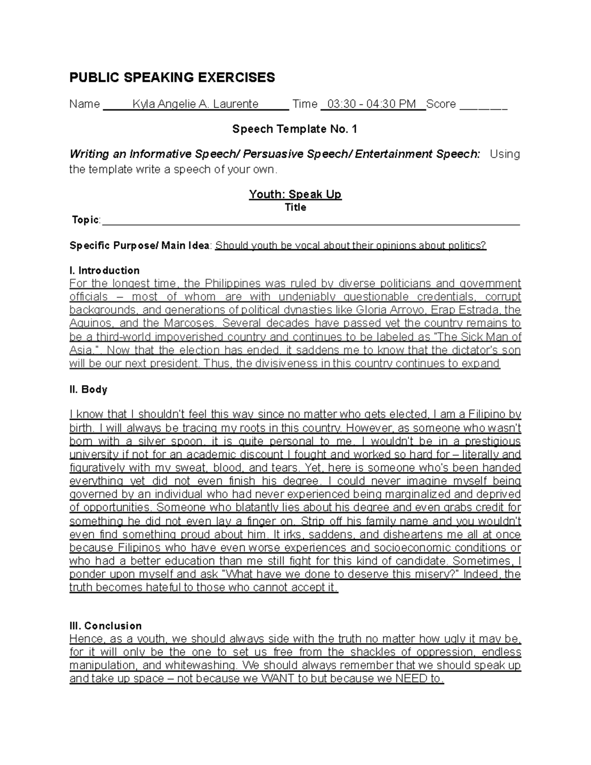 Speech Template NO. 1 - PUBLIC SPEAKING EXERCISES Name Kyla Angelie A ...