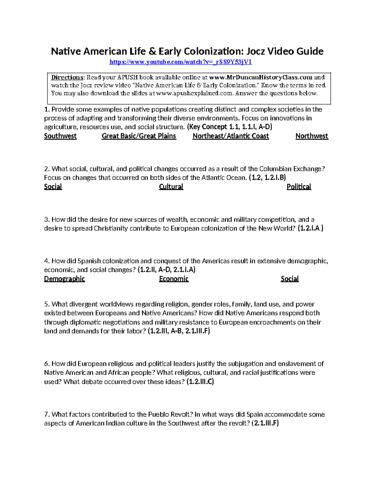 Native American Life Worksheet - Summer Assignment - Native American ...