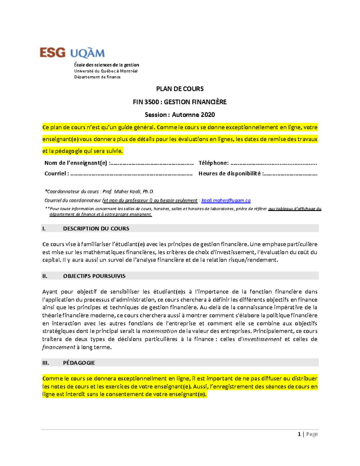 Plan de cours FIN3500 - Warning: TT: undefined function: 32 Warning: TT: undefined function: 32 ...