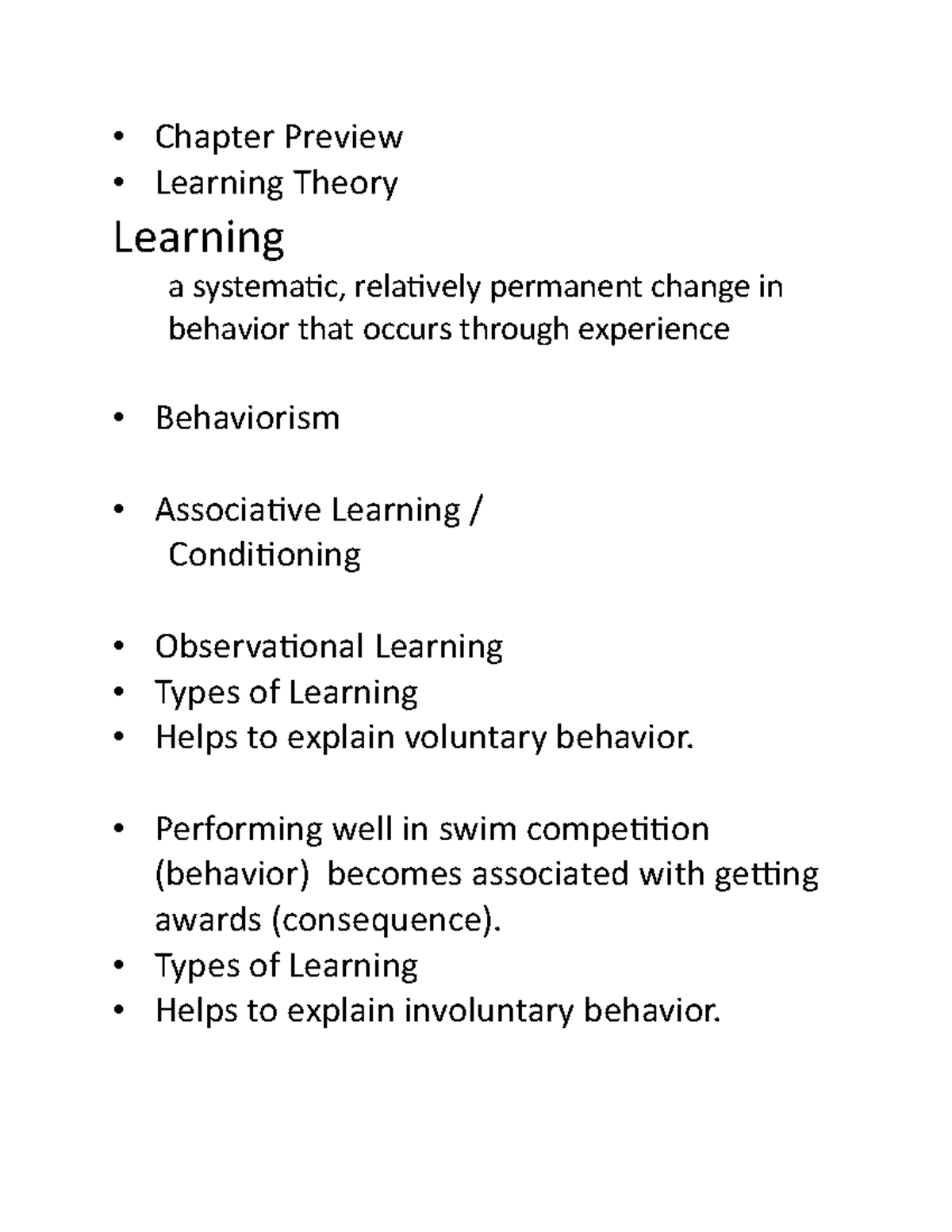 Chapter 6 notes - learning - Chapter Preview Learning Theory Learning a ...