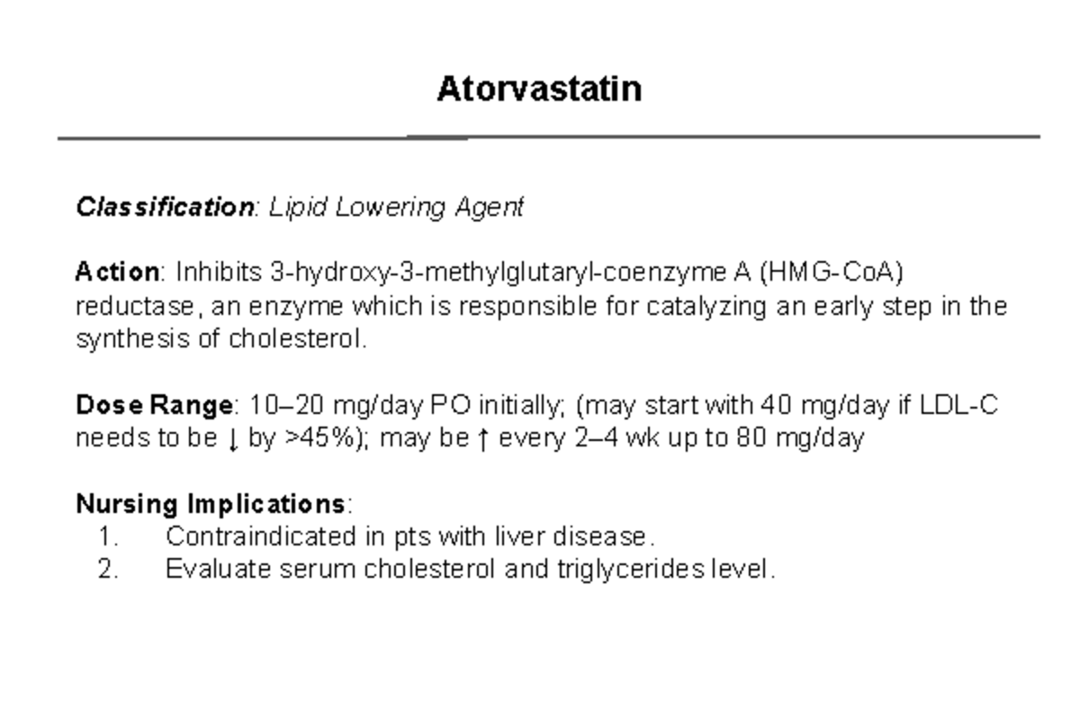 Med Cards - Atorvastatin Classification: Lipid Lowering Agent Action ...
