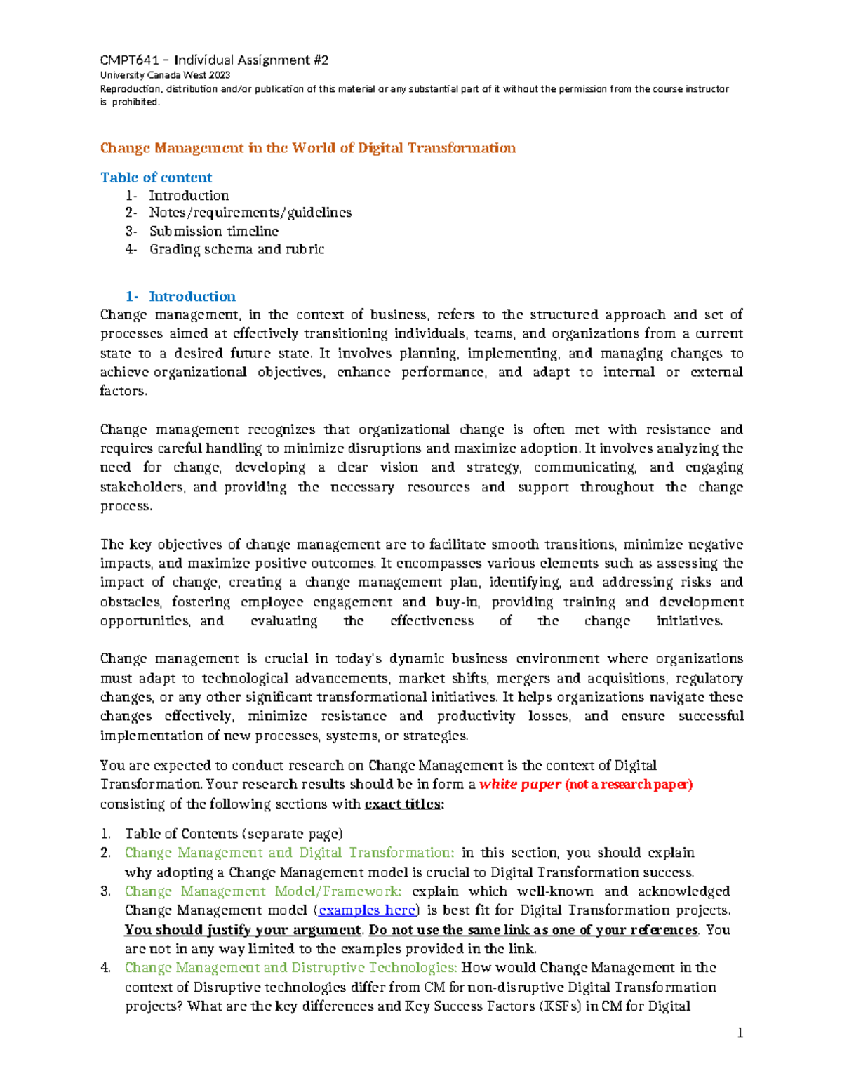 Individual Assignment 2 - Change Management - University Canada West 2023 Reproduction ...