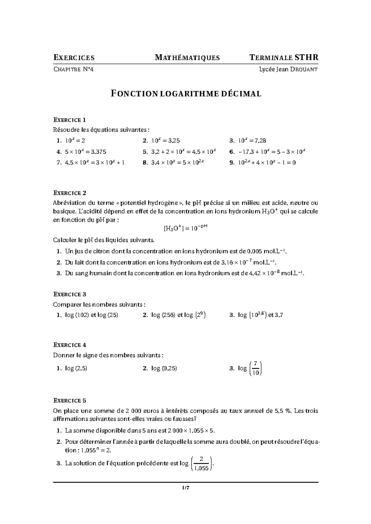 Fonction-logarithme-decimal - EXERCICES MATHÉMATIQUES TERMINALE STHR ...