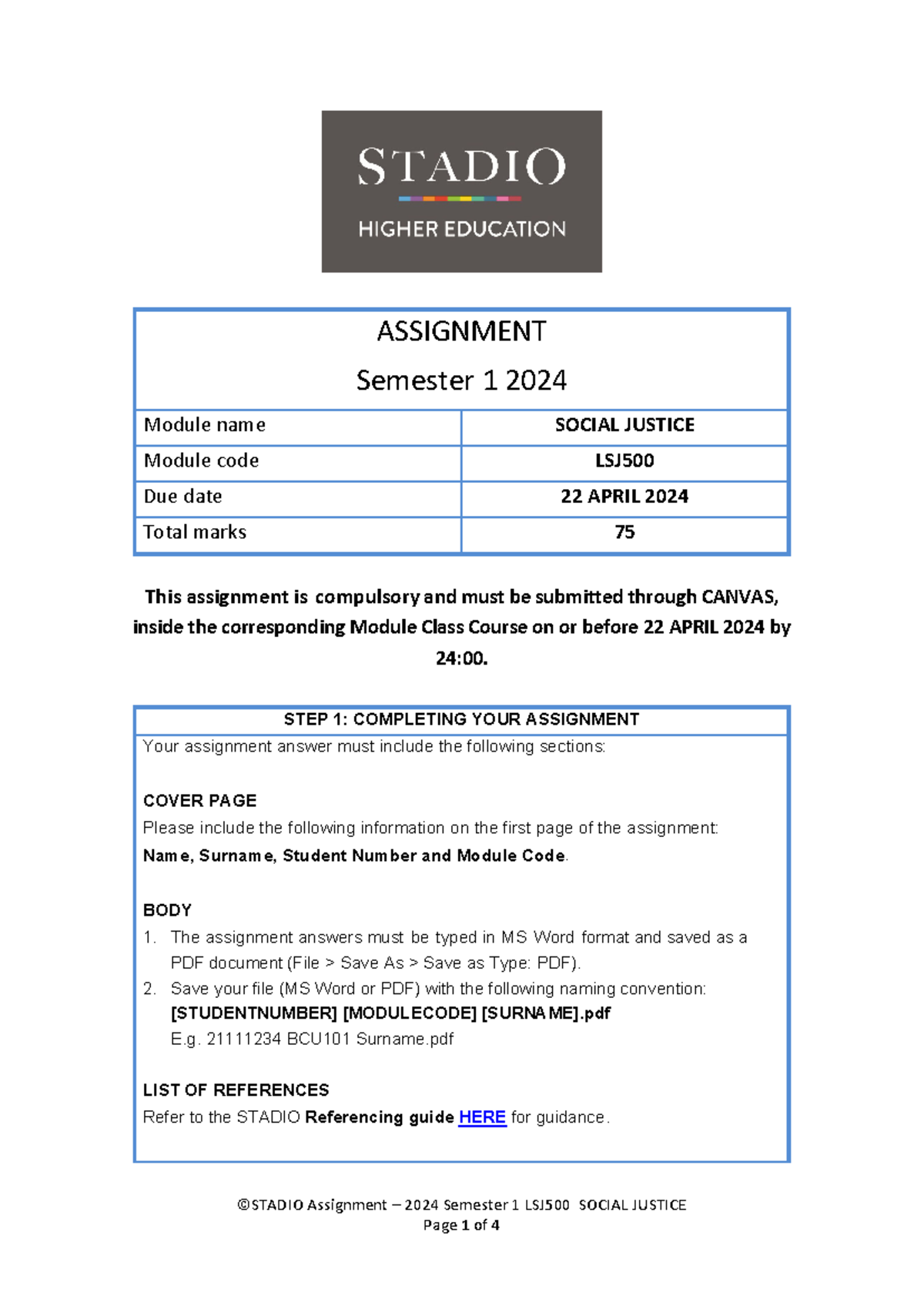 LSJ500 2024 01 ASMT - N/A - ©STADIO Assignment – 2024 Semester 1 LSJ500 ...
