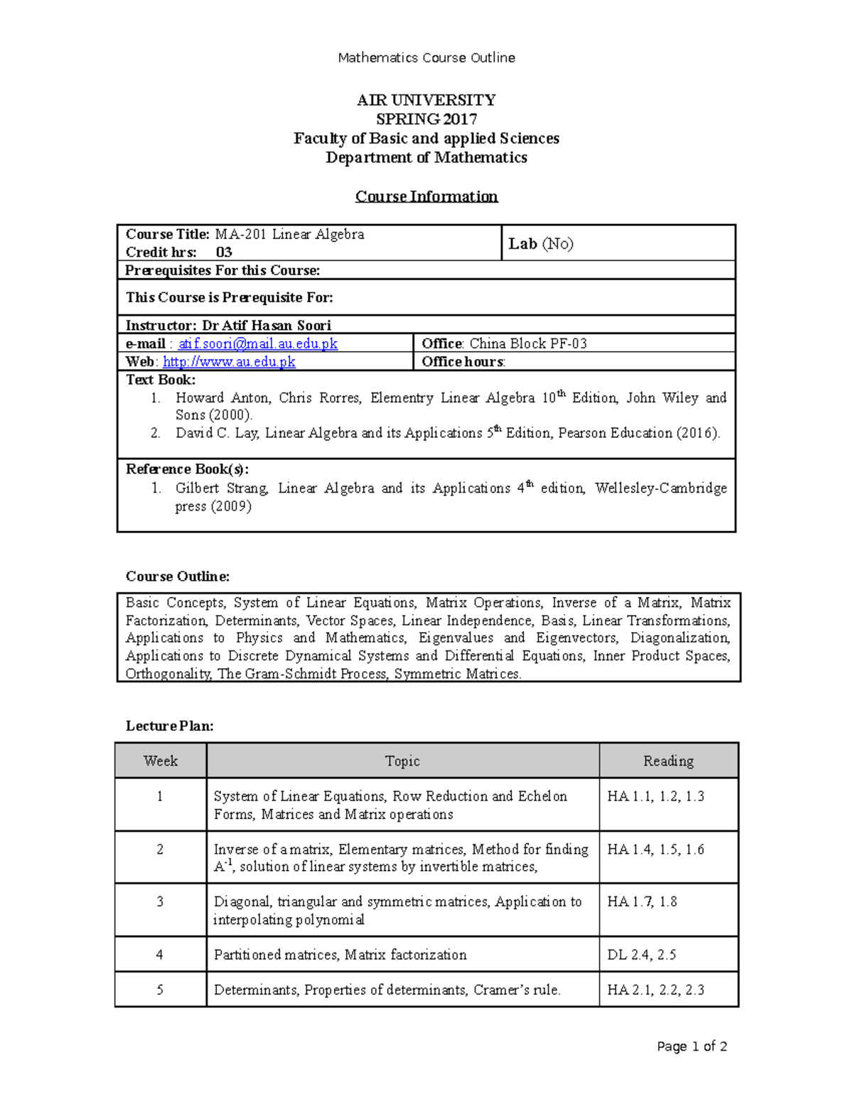 LAoutlines - Mathematics Course Outline AIR UNIVERSITY SPRING 2017 ...