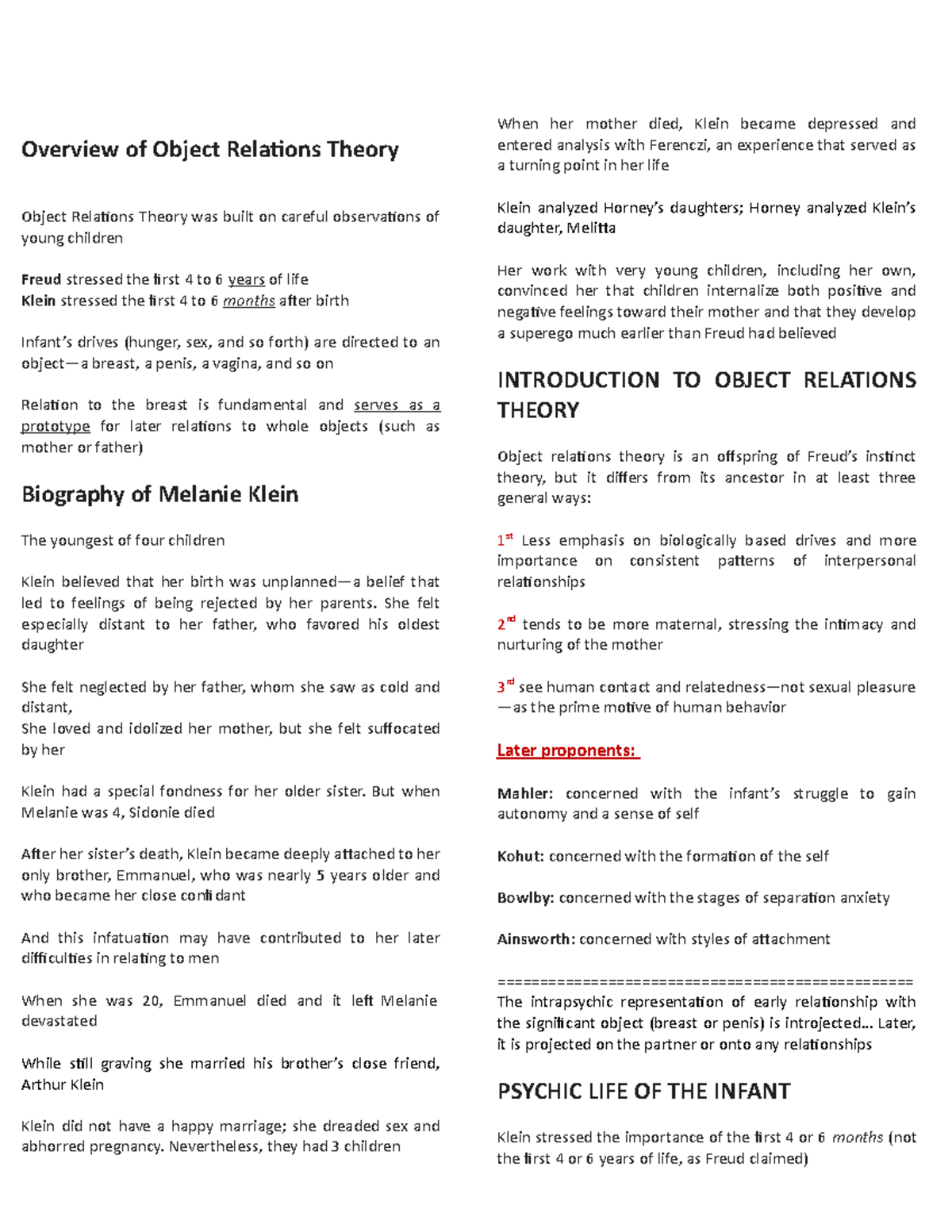 4-Klein - Overview of Object Relations Theory Object Relations Theory ...