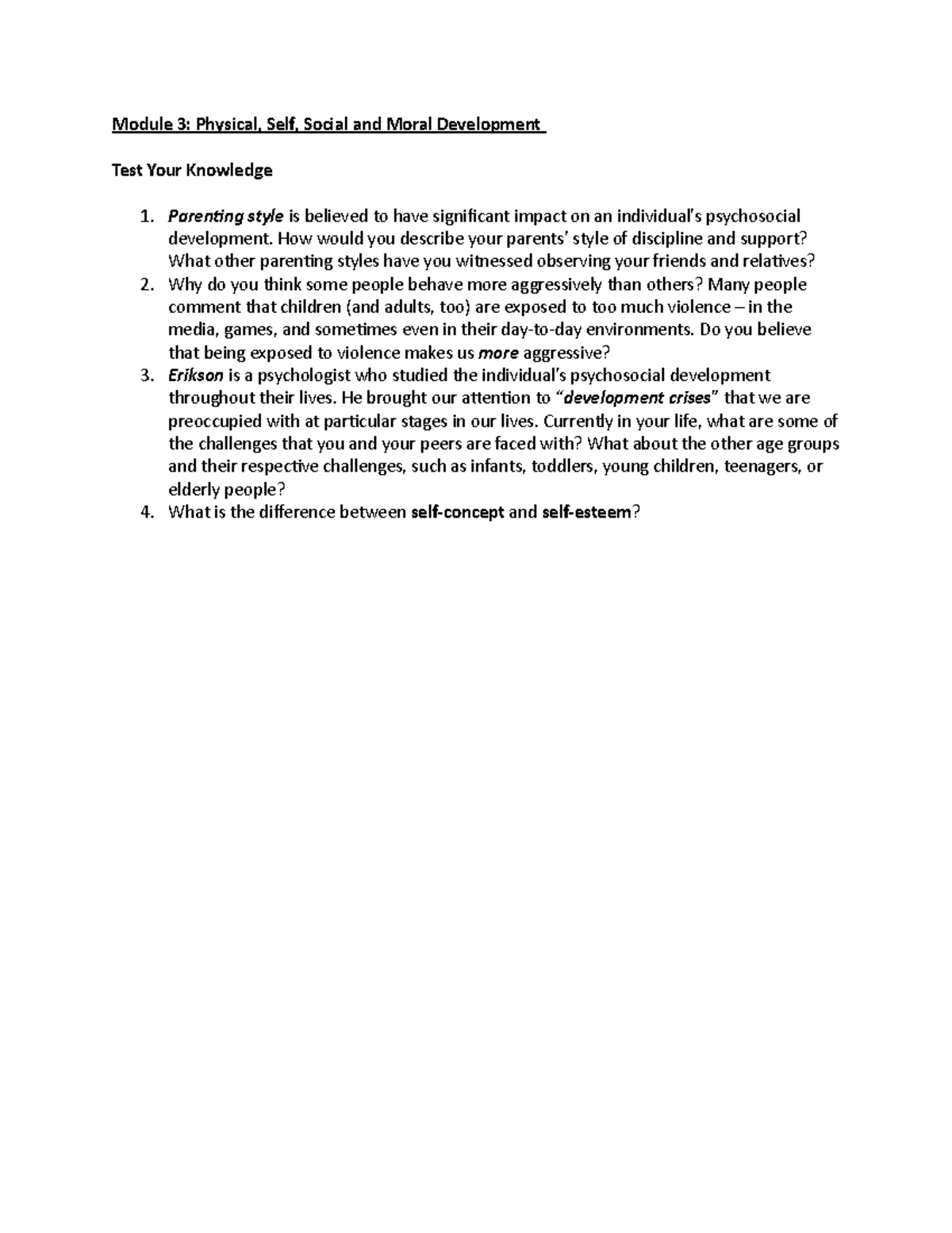 Module 3 - Pre-Test - pre-test - Module 3: Physical, Self, Social and ...