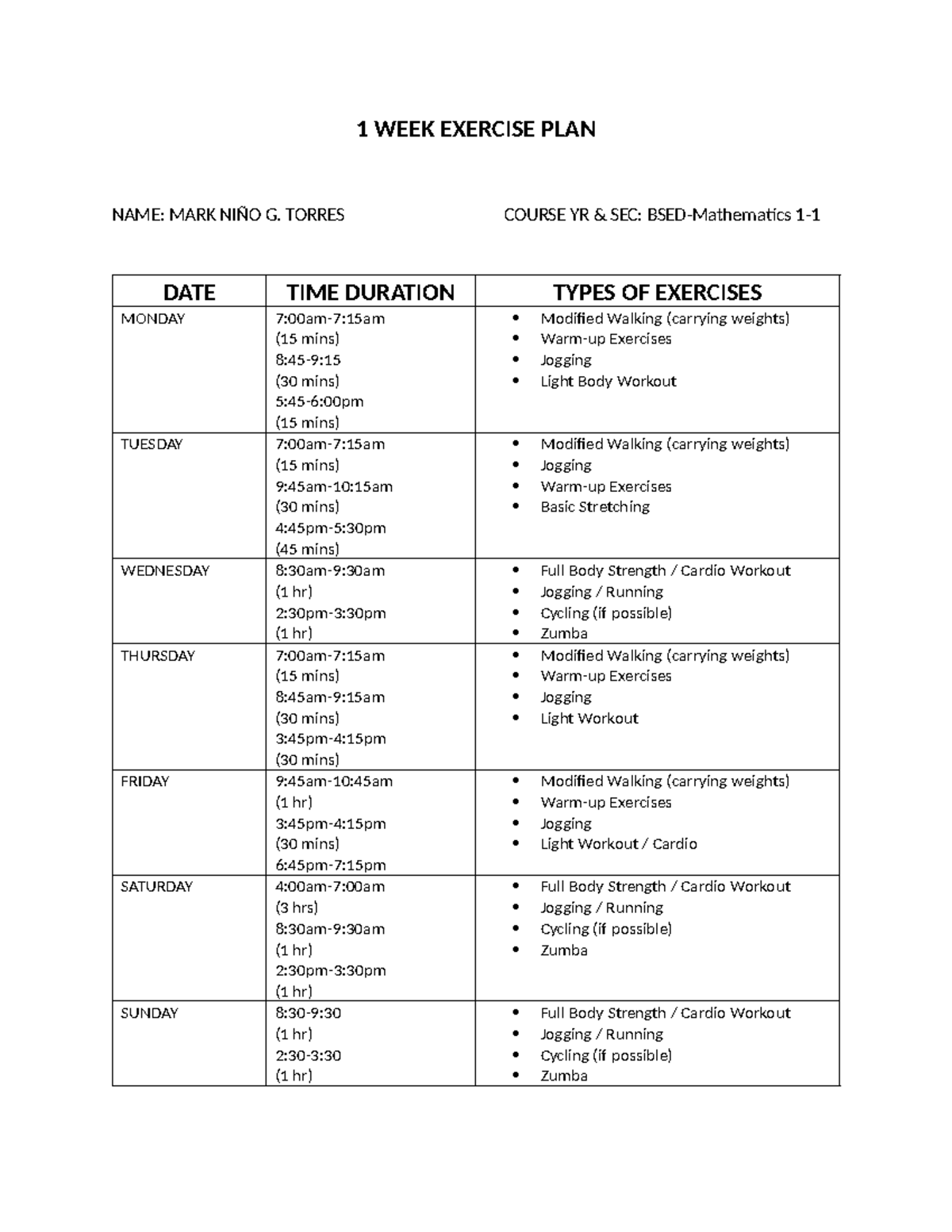 1-WEEK- Exercise-PLAN with answers - 1 WEEK EXERCISE PLAN NAME: MARK ...