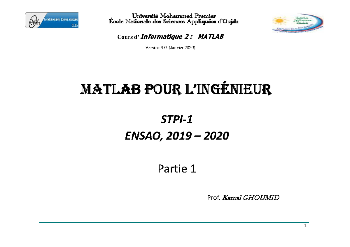 Partie 1 - Cours Matlab 19-20 V3 - Cours d’ Version 3 (Janvier 2020) - Studocu