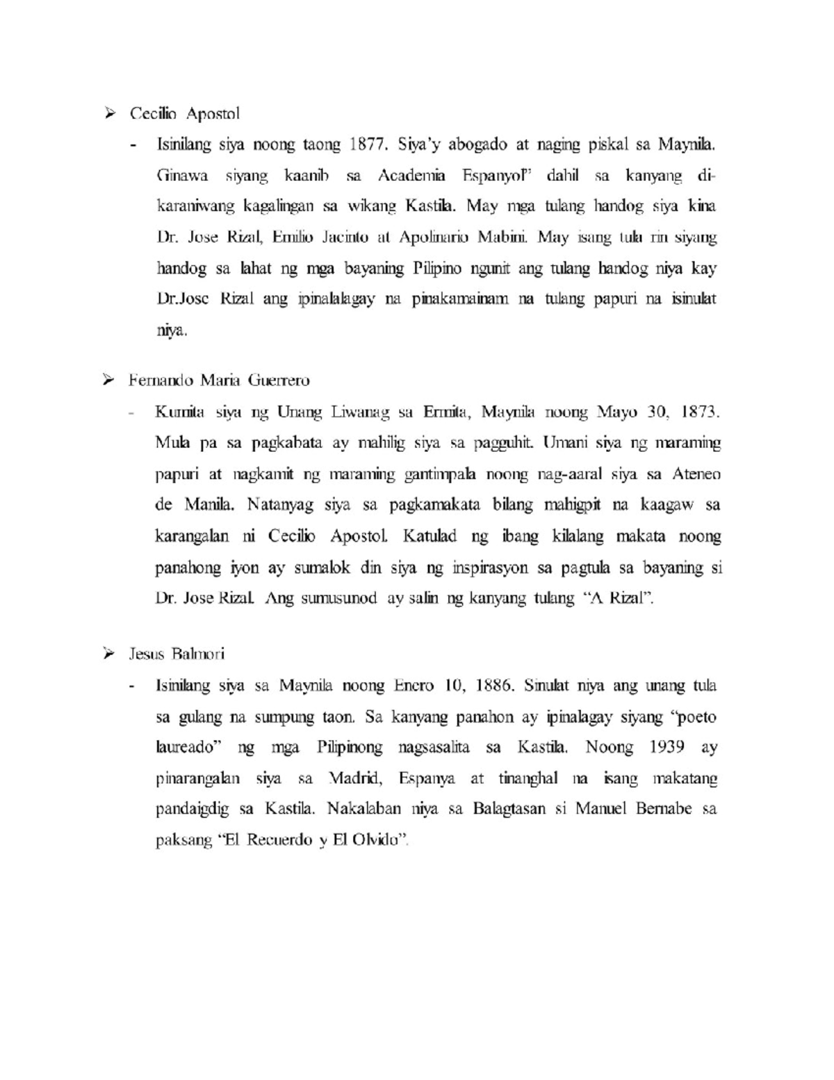 Doc3 - mga manunulat sa katagalugan - BSED Major in Filipino - Studocu