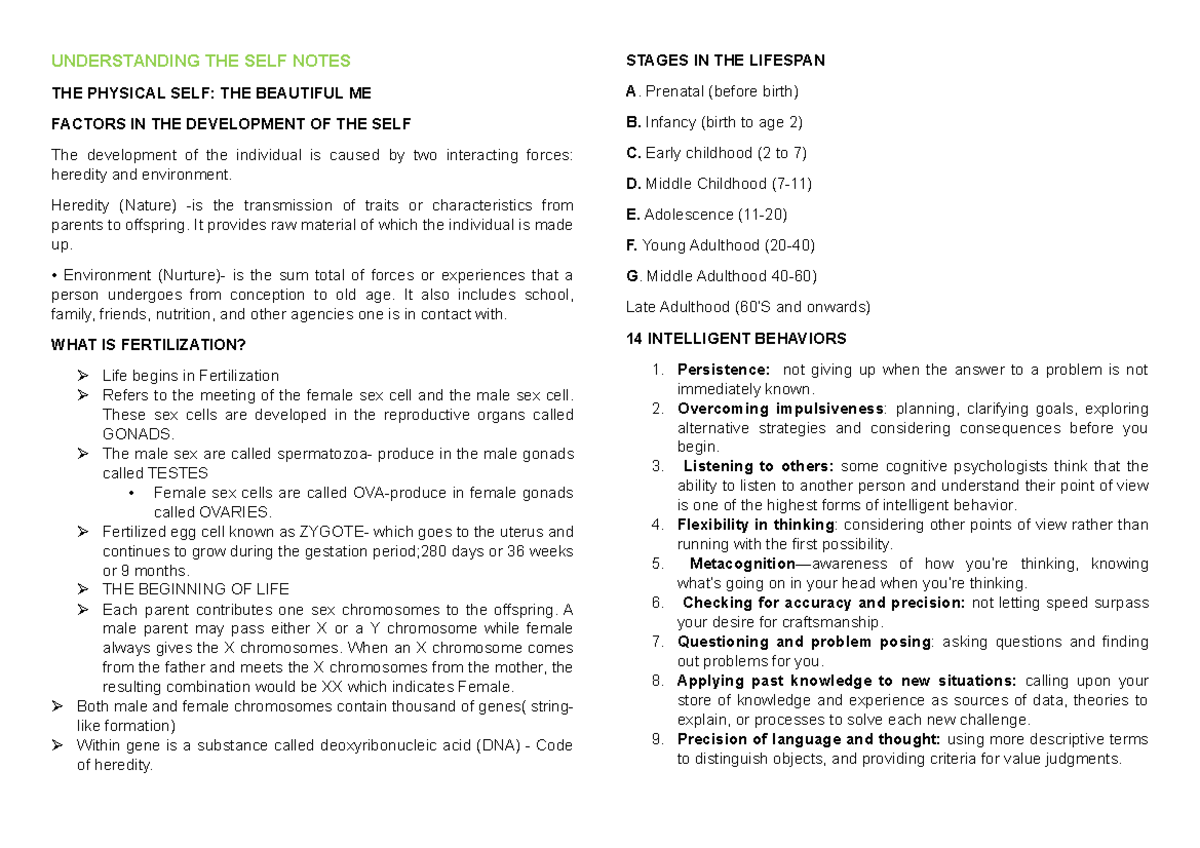Uts-notes - Understanding the self - UNDERSTANDING THE SELF NOTES THE ...