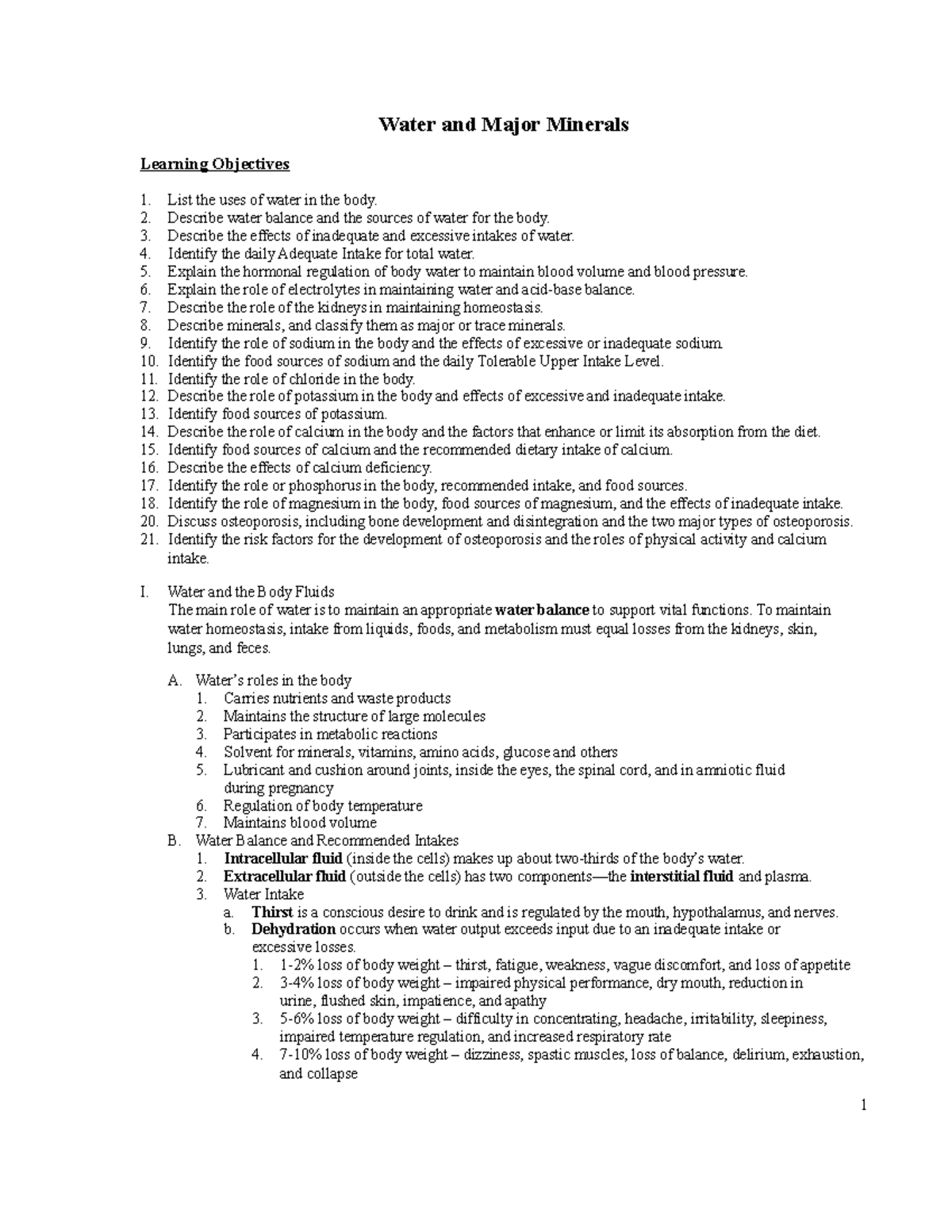 Water Major Minerals - Summary Fund Human Nutrition - Water and Major ...