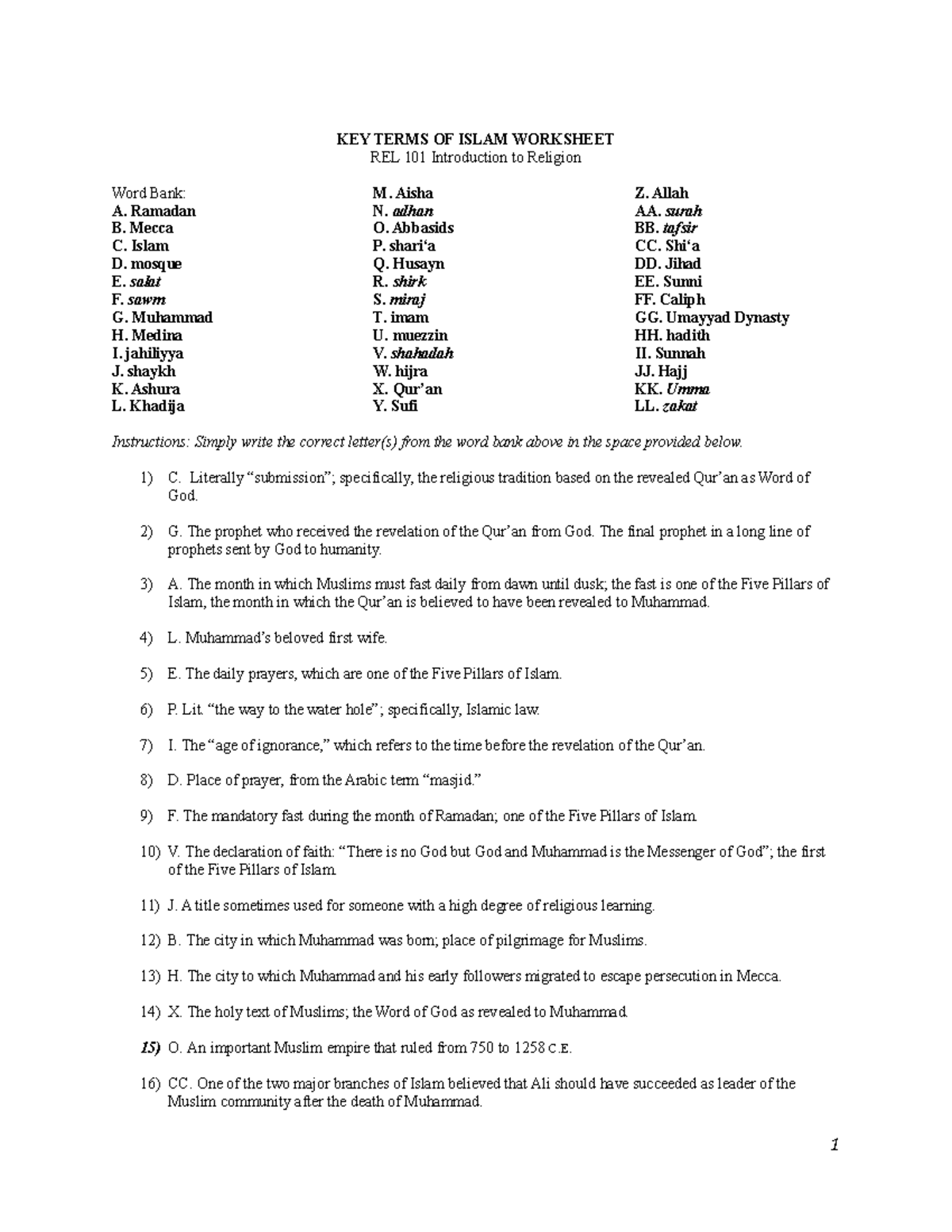 Islam key terms - Notes for exam - KEY TERMS OF ISLAM WORKSHEET REL 101 ...