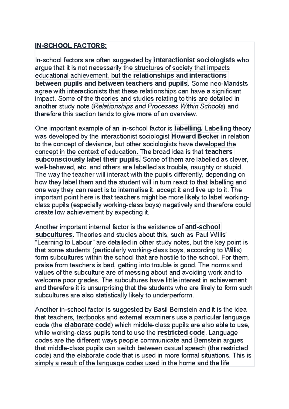 In & Out School Factors - IN-SCHOOL FACTORS: In-school factors are ...