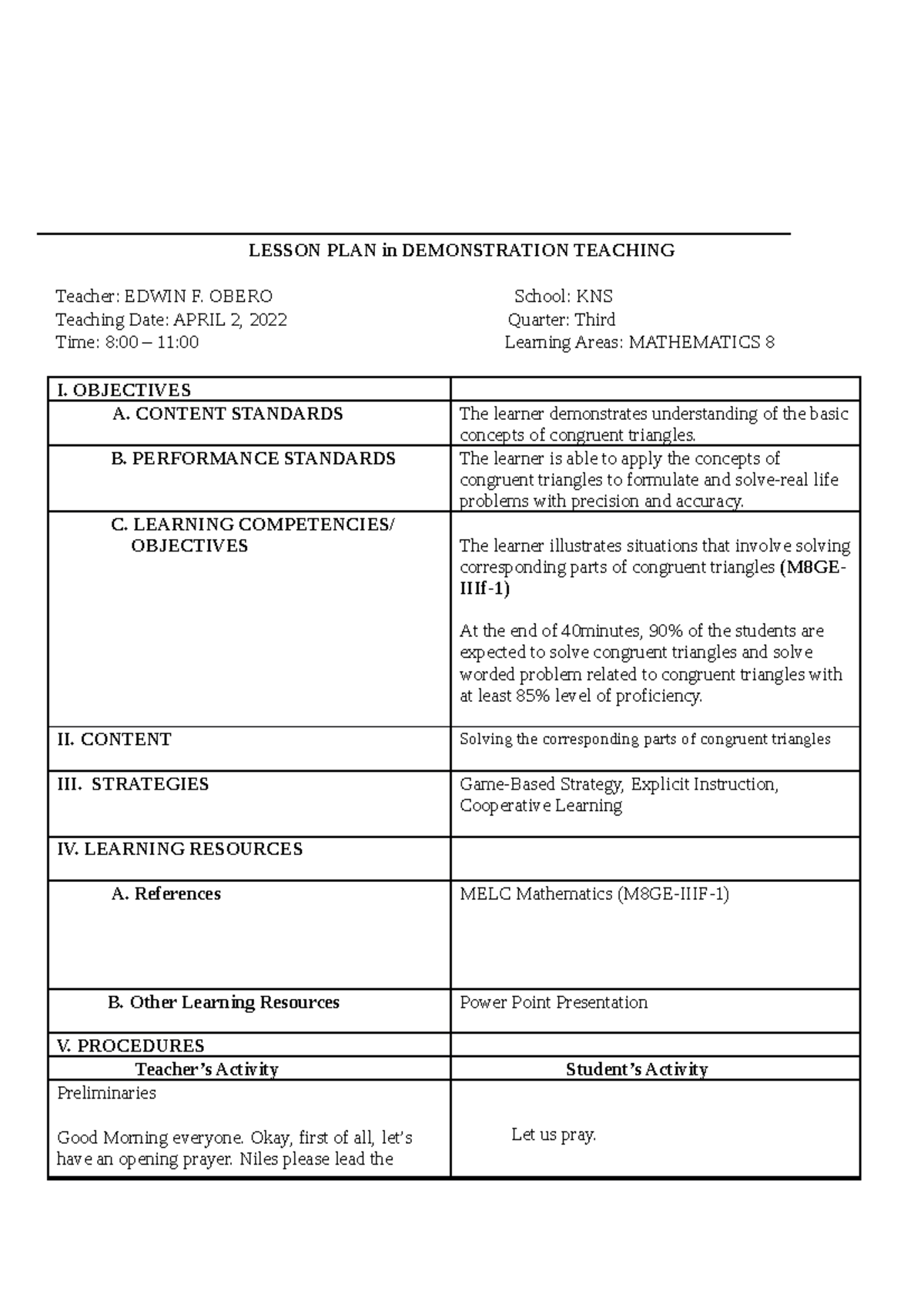 Lesson Plan Sample Chapter - LESSON PLAN in DEMONSTRATION TEACHING ...