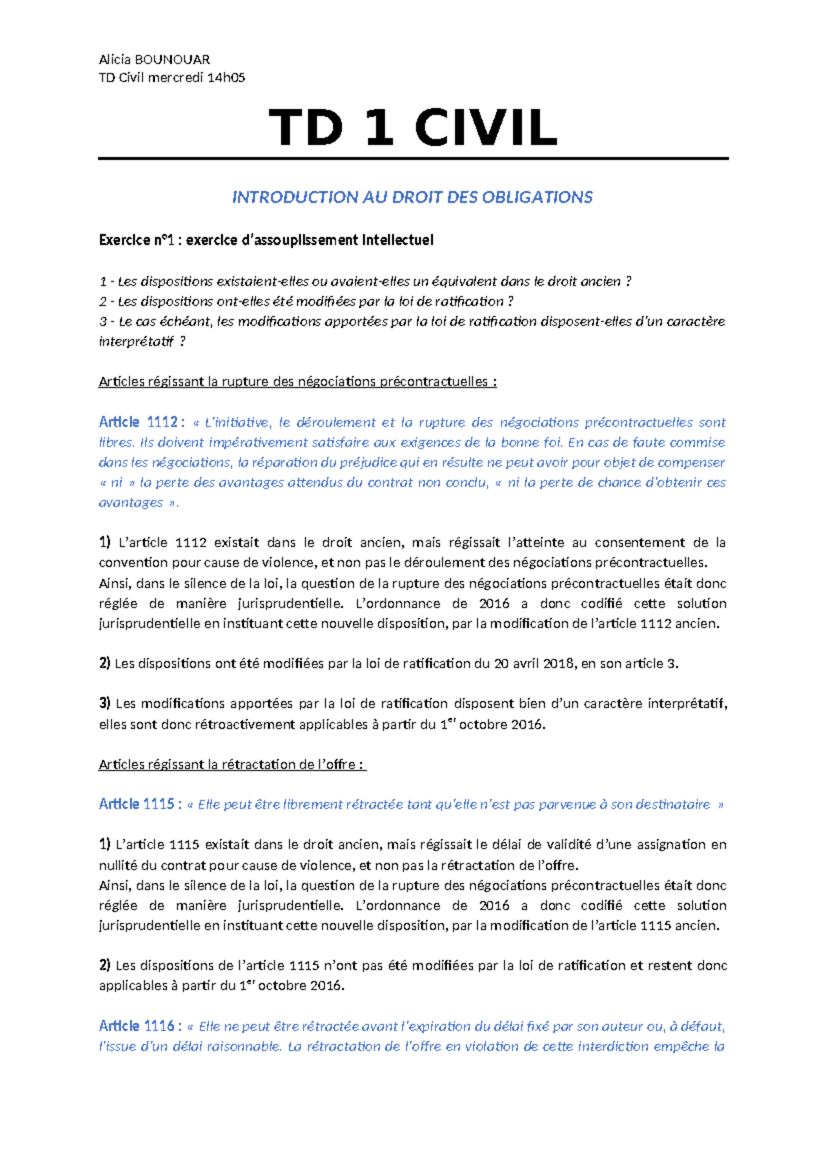 TD 1 Civil - Travaux dirigés séance 1 - TD Civil mercredi 14h TD 1 CIVIL INTRODUCTION AU DROIT ...