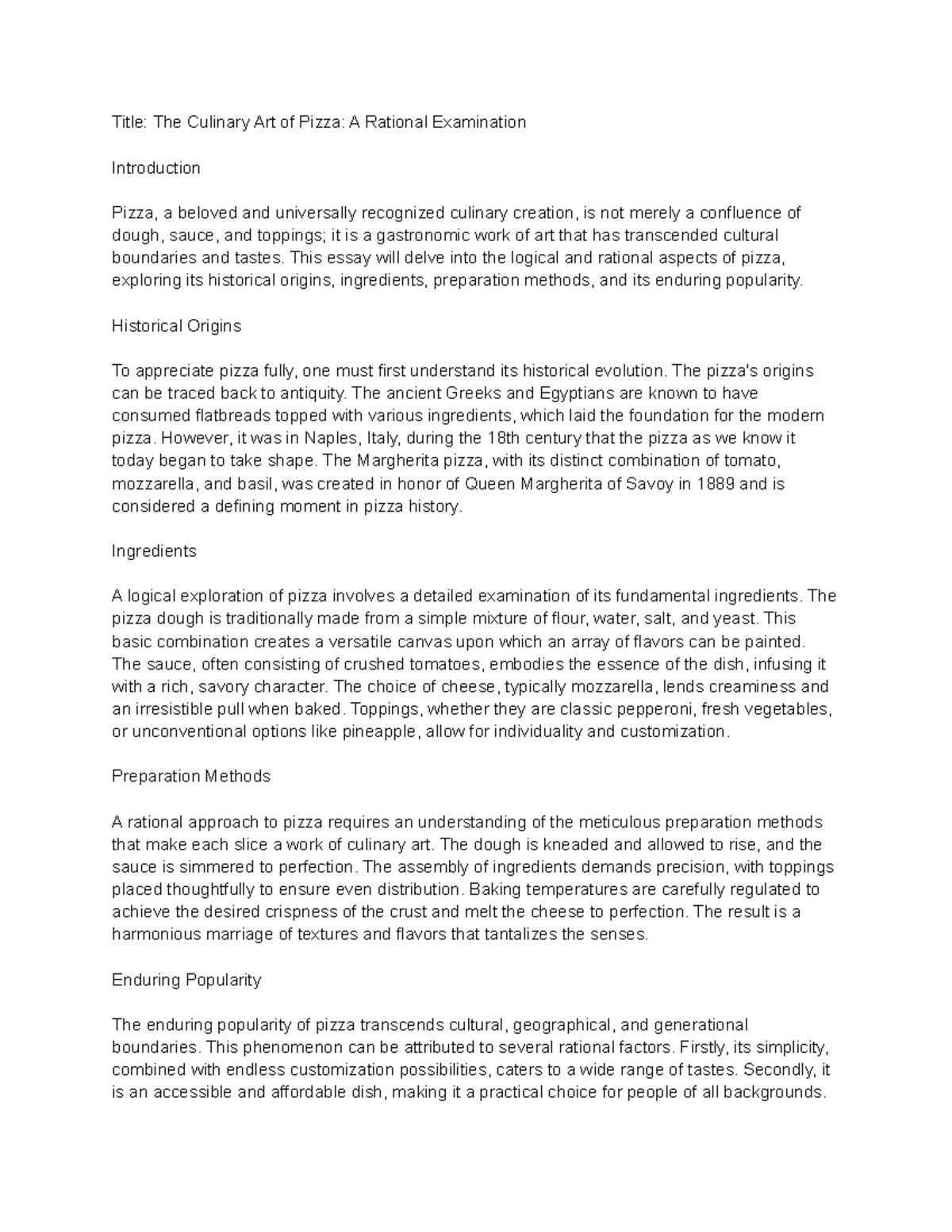 F - pizza essay - Title: The Culinary Art of Pizza: A Rational ...