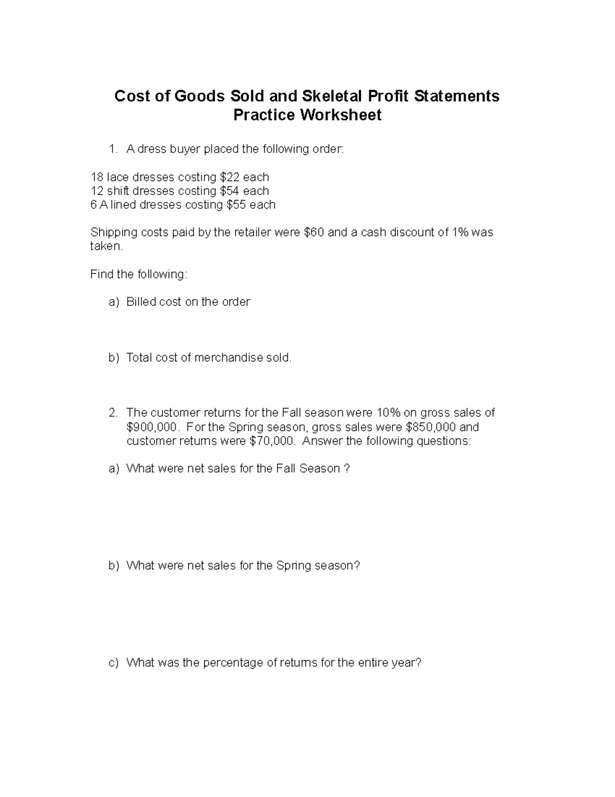 Cost of Goods Sold and Skeletal Profit Statements Practice Worksheet ...