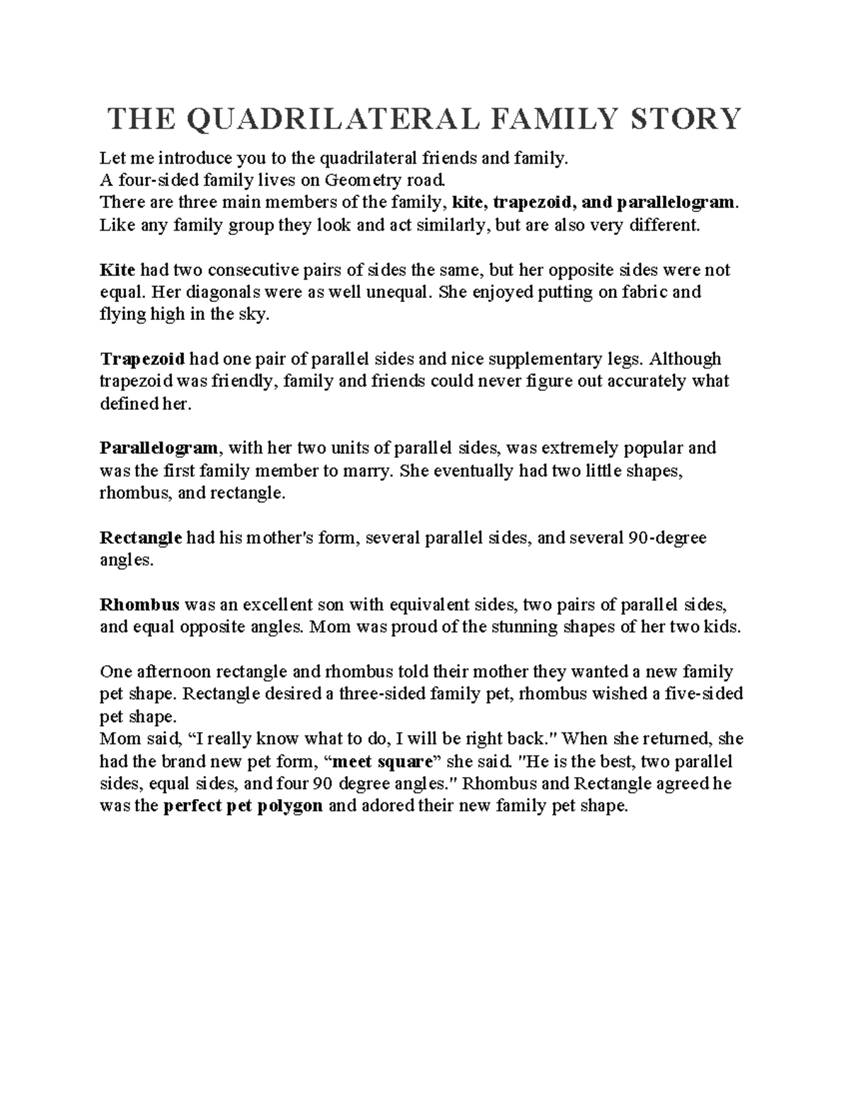 THE Quadrilateral Family Story - THE QUADRILATERAL FAMILY STORY Let me ...