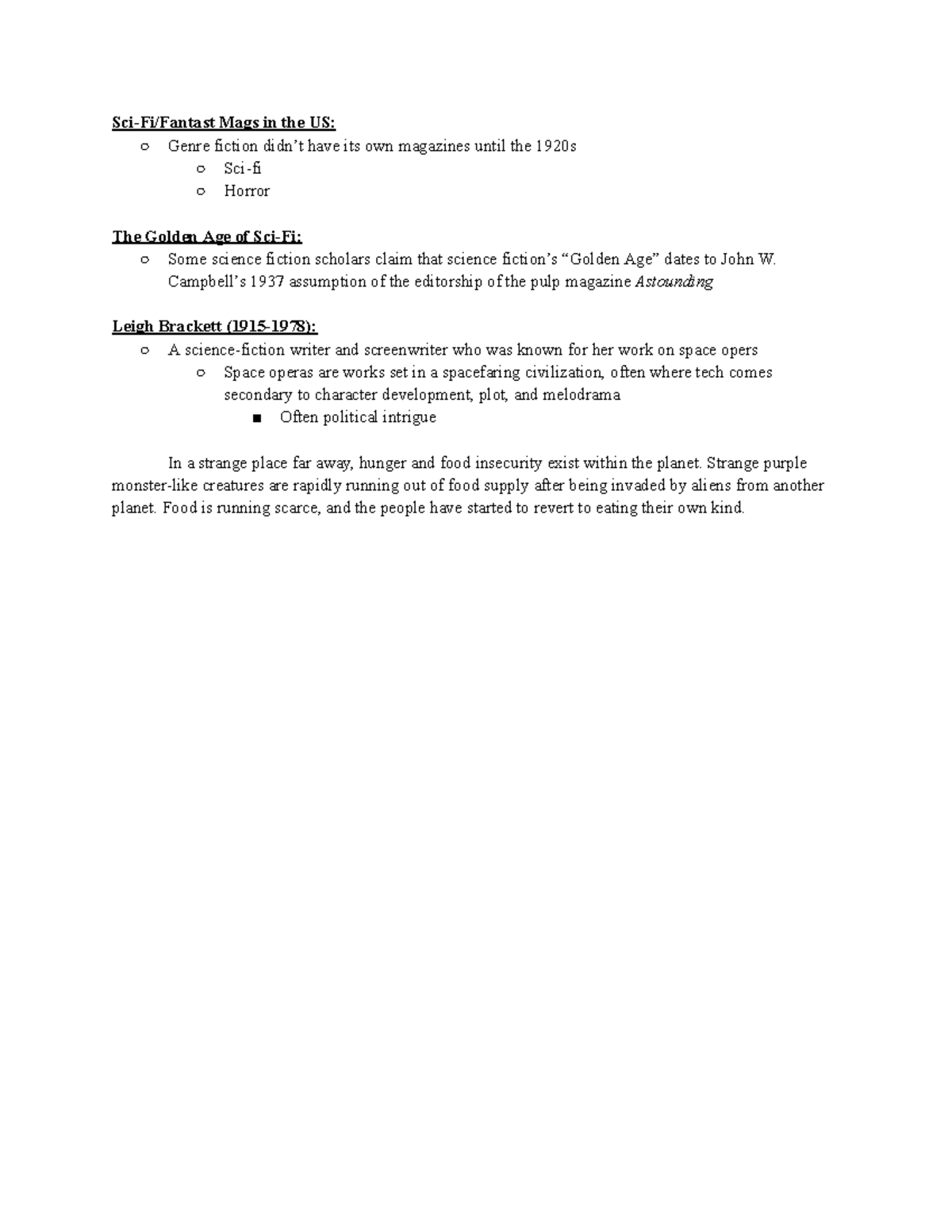 ENG 243 Sci-Fi Notes - Science fiction lecture: qualities of sci-fi and ...