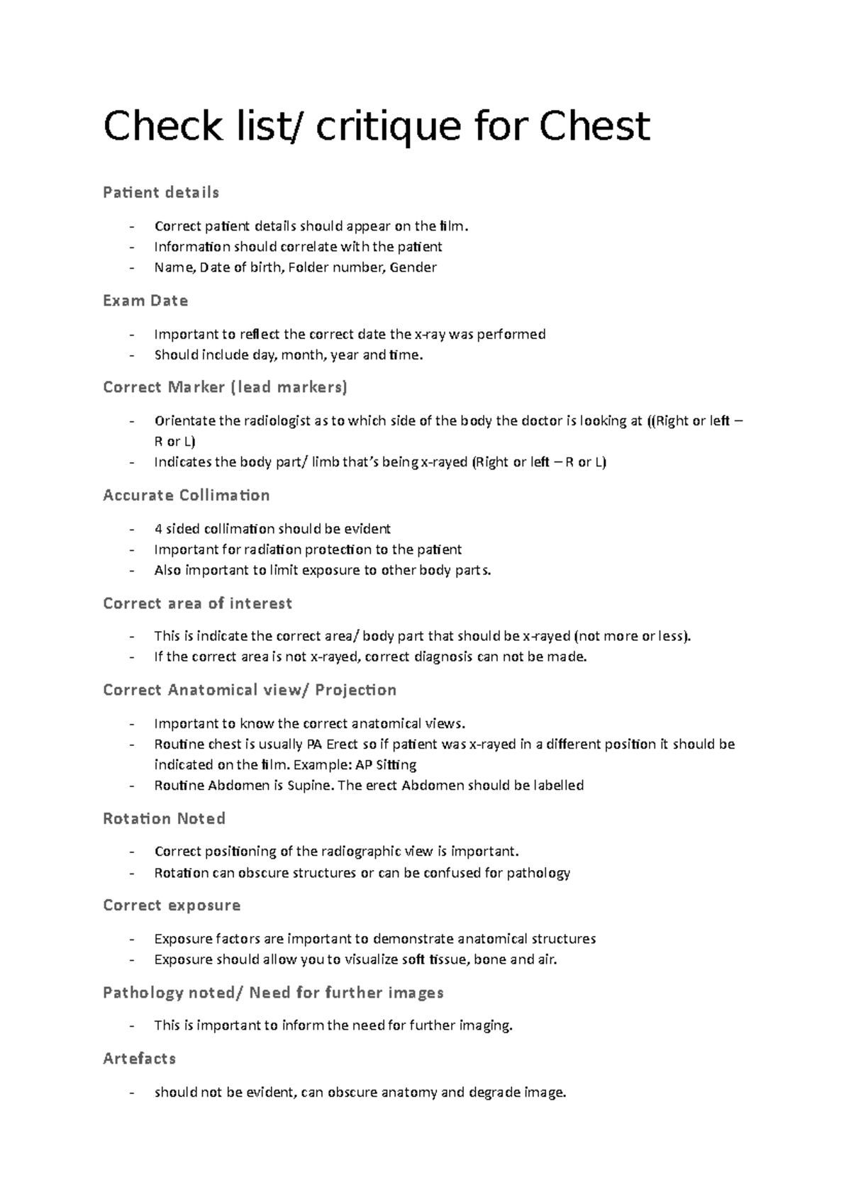Steps to follw when taking an Xray/ check list and critique for Chest ...