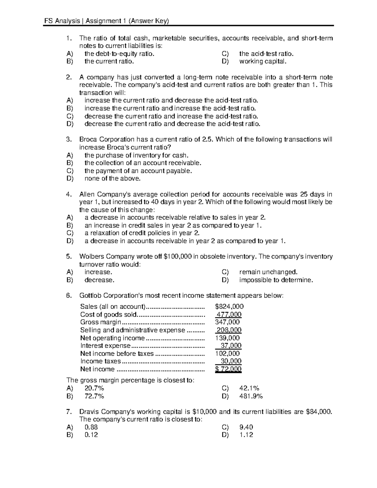 FS Analysis Assignment 1 - FS Analysis | Assignment 1 (Answer Key) The ...