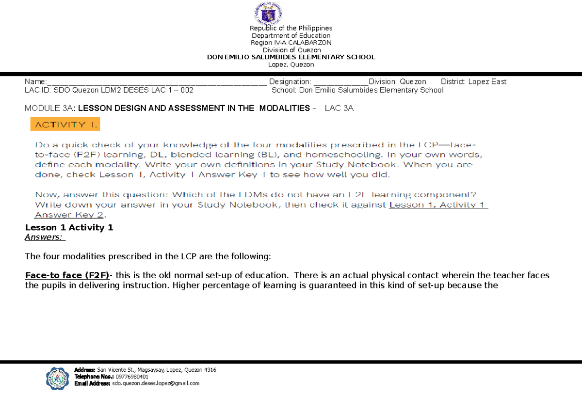 Module 3A Lesson Design AND Assessment IN THE Modalities - Department ...