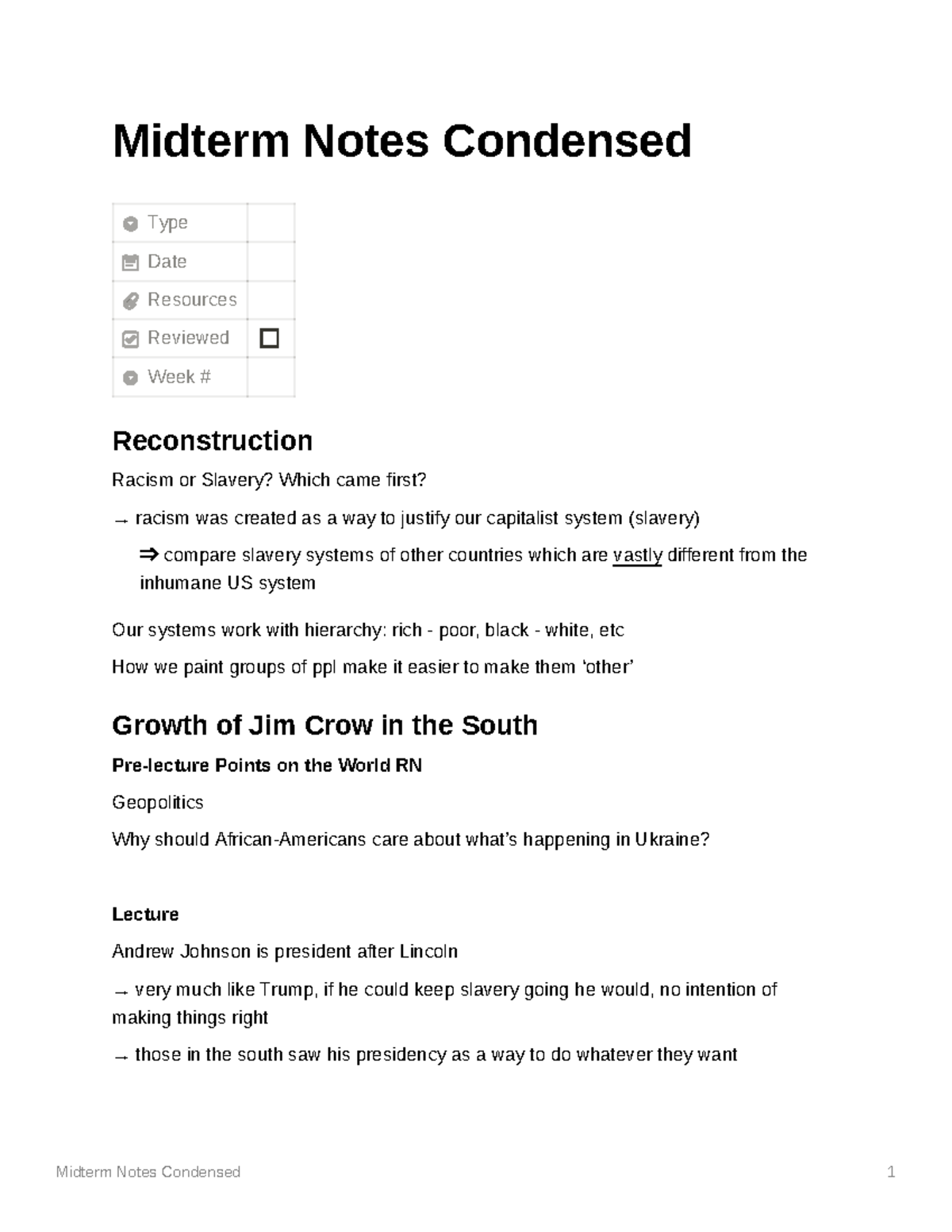 HIstory Midterm Notes (1st half of semester notes) - Midterm Notes ...