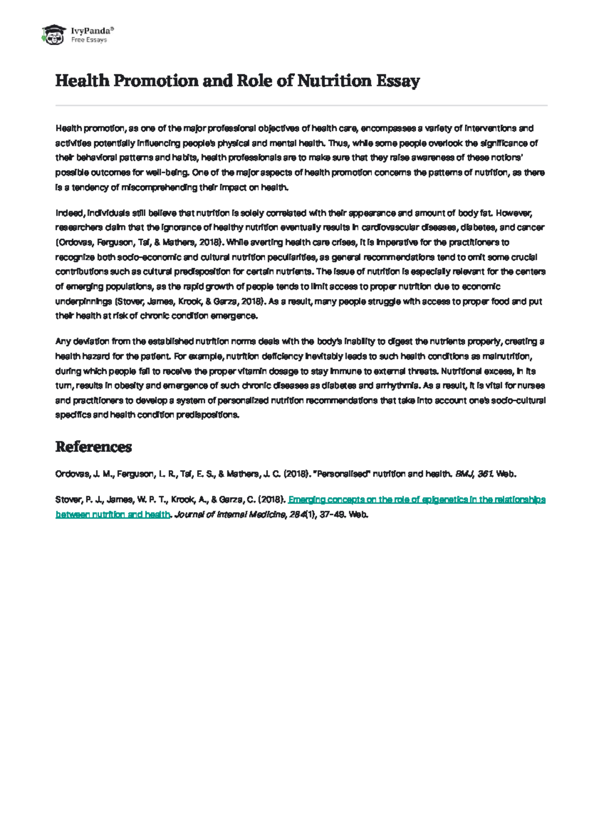 Health Promotion and Role of Nutrition - 311 Words Essay Example ...