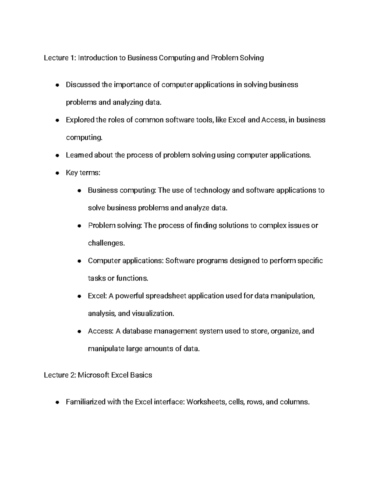 MISY160 notes 1 - Lecture 1: Introduction to Business Computing and ...
