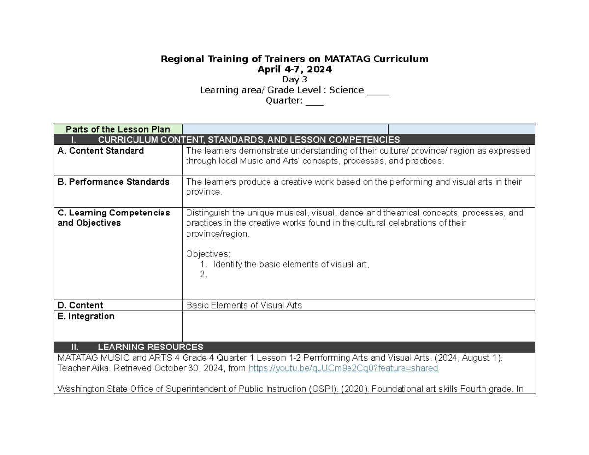 734319449 Matatag Lesson Plan Template - Regional Training of Trainers ...