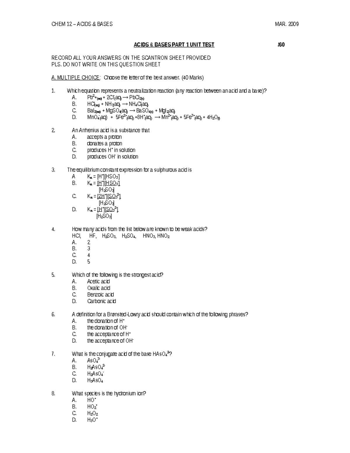 Acid Base Test Part 1 V1 - Practice exam - ACIDS & BASES PART 1 UNIT ...